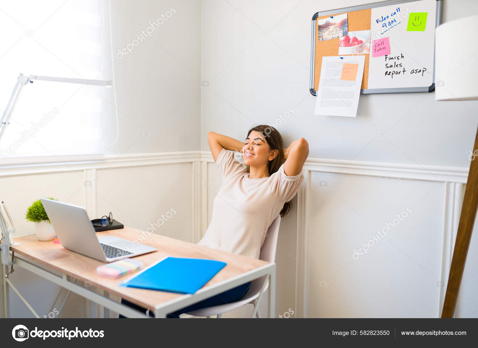 Relaxed Woman Leaning Back Her Chair Desk Feeling Happy Finishing Stock ...