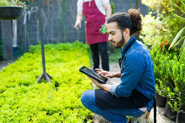 Busy worker using a tablet and doing inventory while taking care of the ...