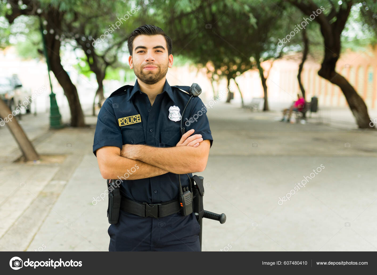 Police Agent Duty Wearing Black Uniform Crossing His Arms While Stock ...