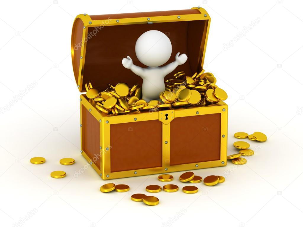3D Character inside Treasure Chest with Gold Coins — Stock Photo ...