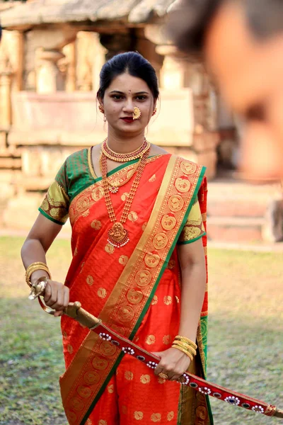 Young Indian Woman Dressed Marathi Attire Queen — Stock Photo ...