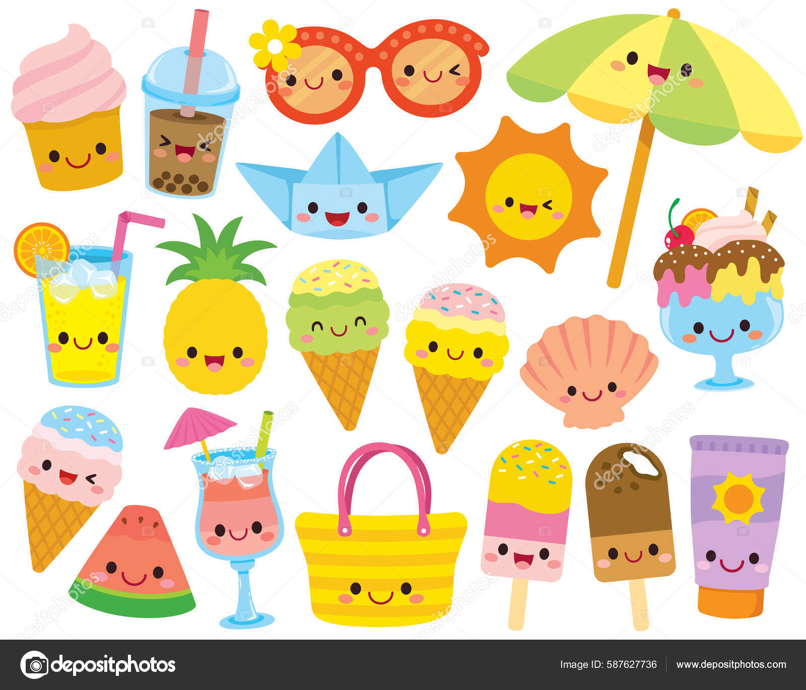 Cute Kawaii Summer Clipart Set Cartoon Characters Summer Beach Related ...