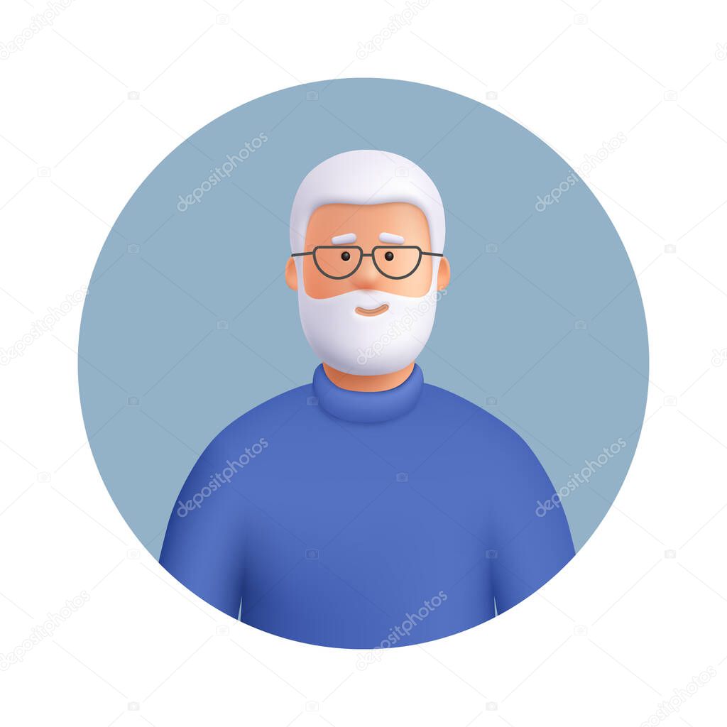 Avatar de hombre mayor. Un anciano sonriente con barba y pelo gris. 3d ...