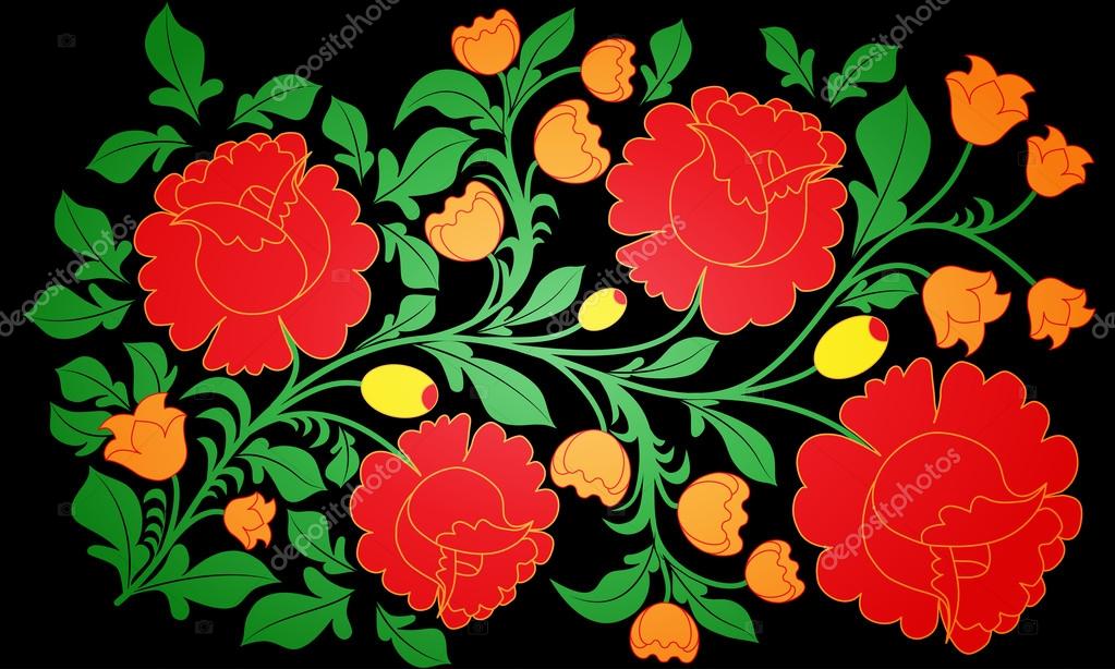 Bright large roses and other flowers painted on a black background ...