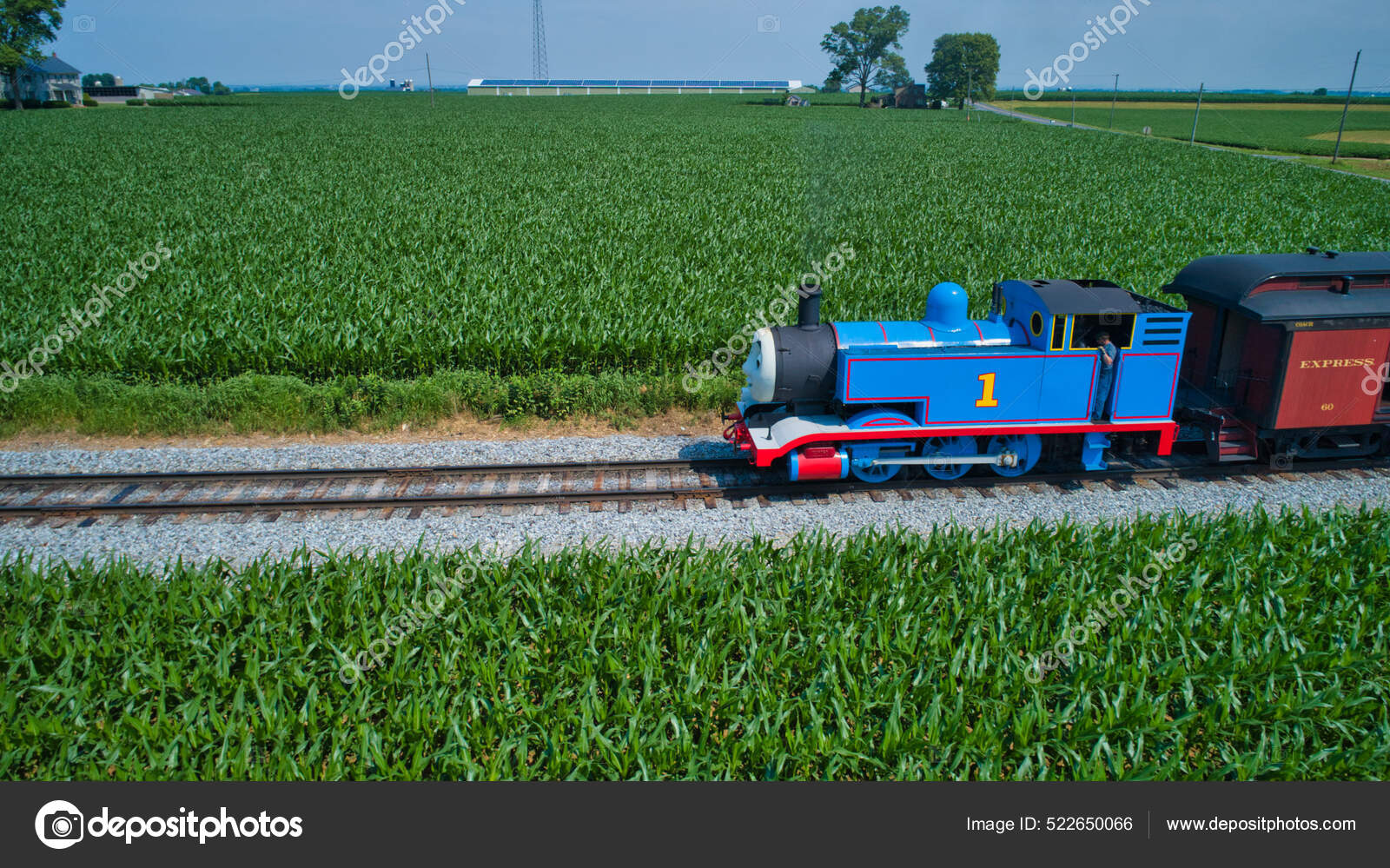 Aerial View of Thomas the Tank Engine Approaching Pulling Passenger ...