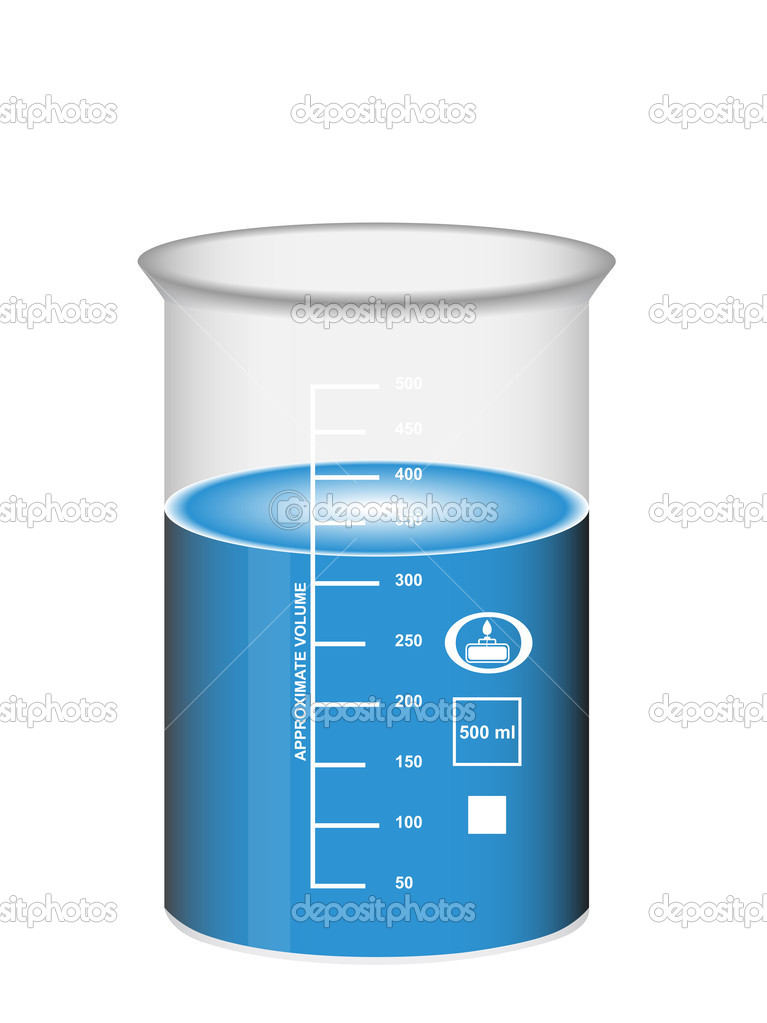 Bécher chimique avec la solution de l'eau bleue et échelle — Image ...