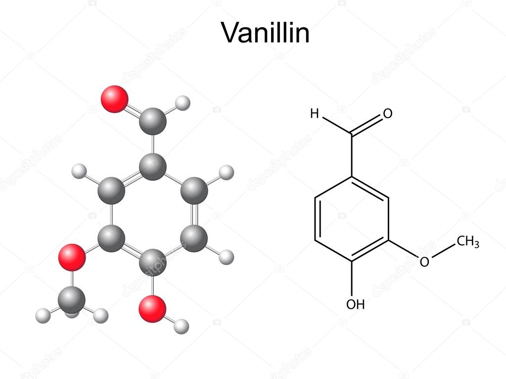 Chemical formula and model of vanillin molecule - flavor enhancer Stock ...