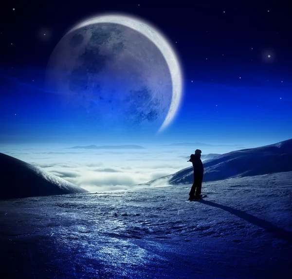 Fantastic winter landscape with beautiful moon in night sky - Stock ...