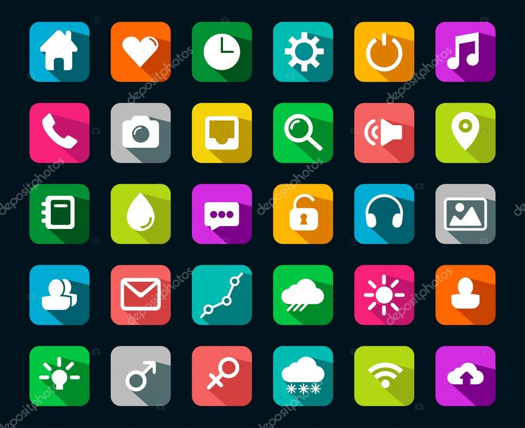 Modern flat icons vector set with long shadow effect in stylish colors ...