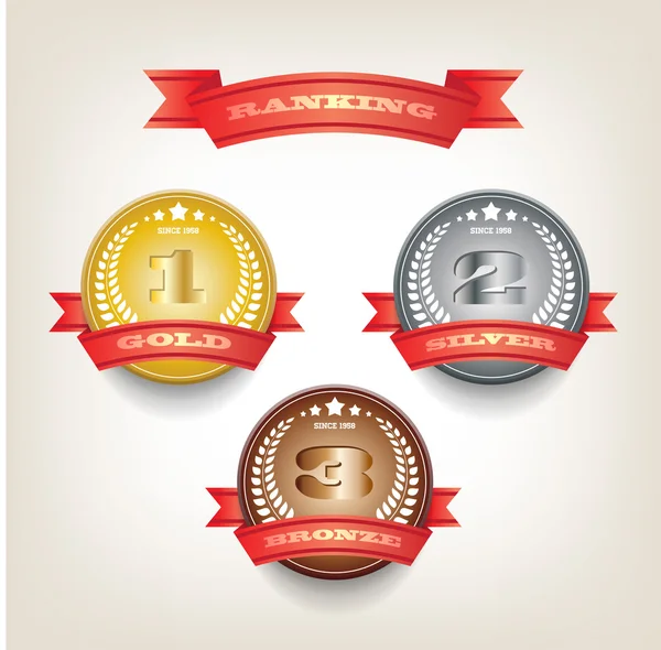Three round vector badges collection with red ribbons - ranking gold ...
