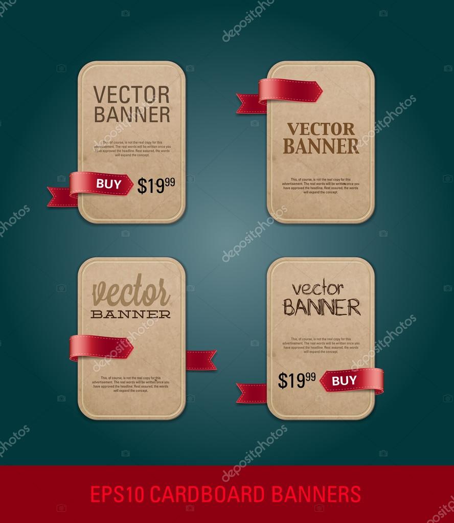 A set of vertical vector cardboard paper promo banners decorated with ...