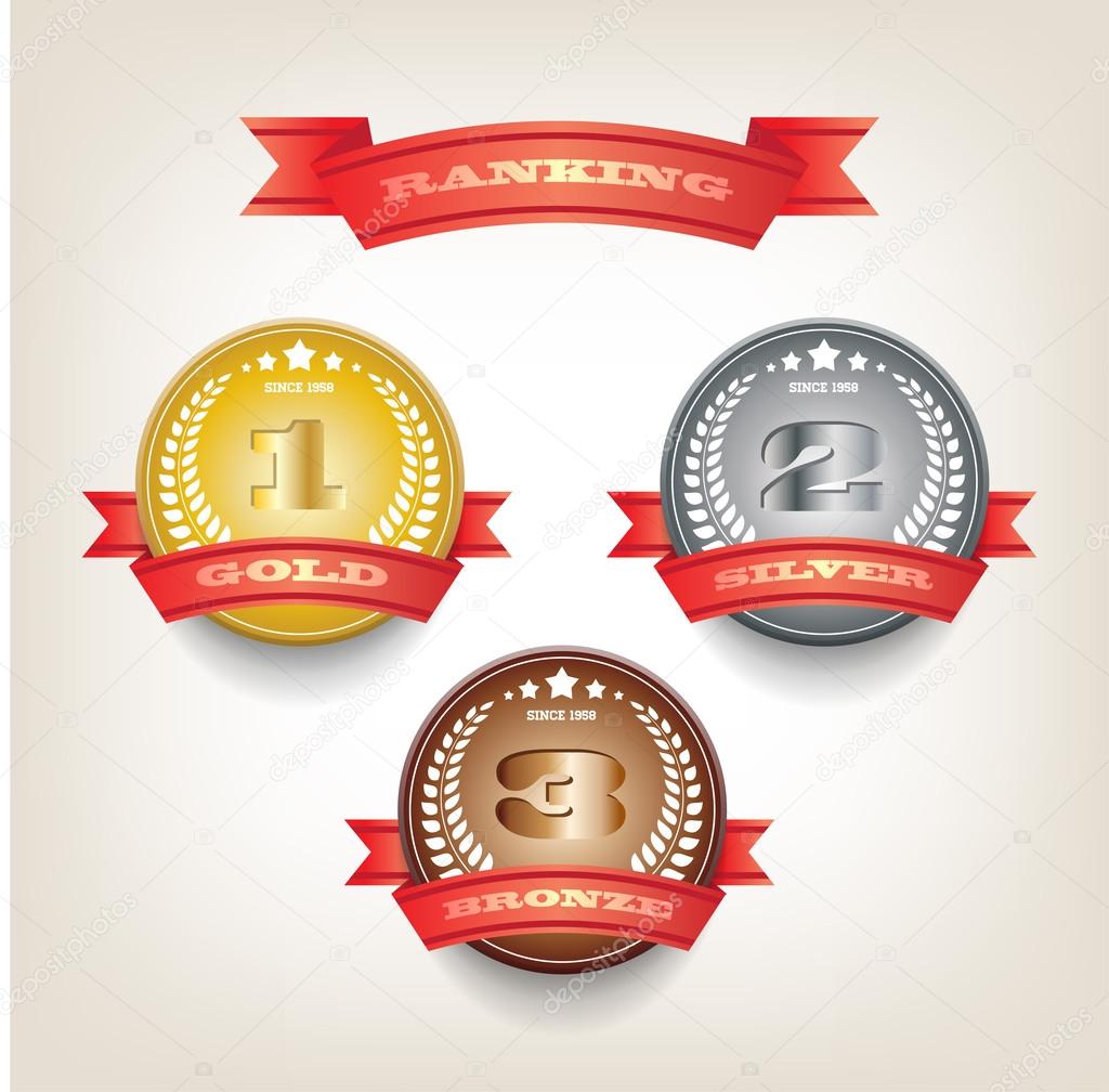 Three round vector badges collection with red ribbons - ranking gold ...
