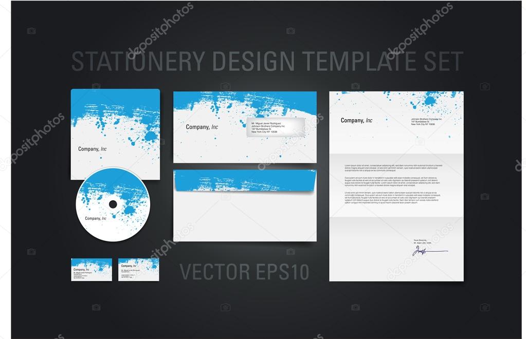 Blue vector stationery design template set with hand painted brush ...