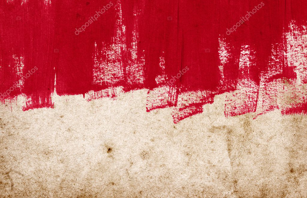 Red hand-painted brush stroke daub background over old vintage paper ...
