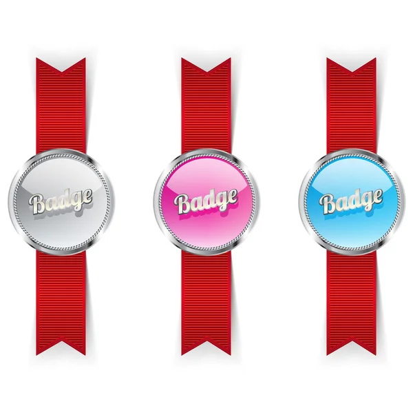 Glass vector badges with red ribbons and metallic decoration Stock ...