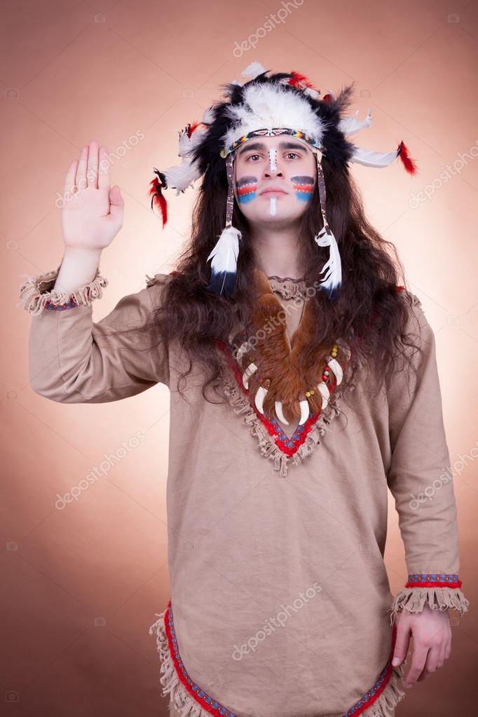 Native american men greeting on brown background — Stock Photo ...