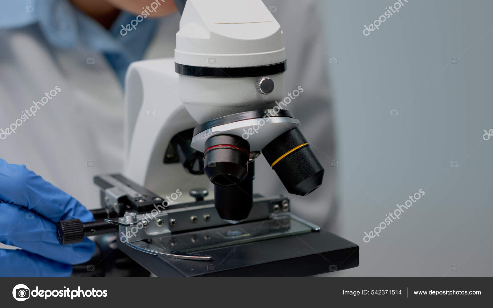 Sample tray of scientific microscope in laboratory Stock Photo by ...