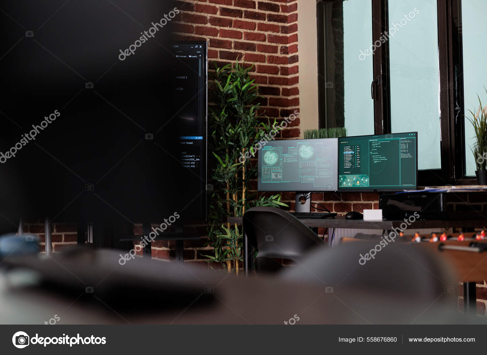 Interior of server room with modern brick wall interior and high ...