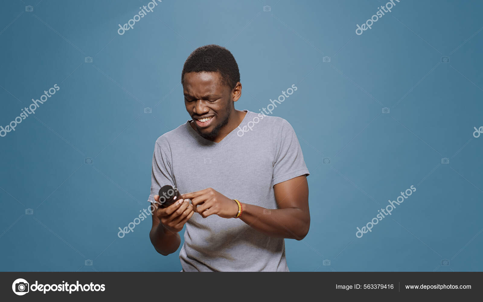Sick adult analyzing bottle of pilla and medication to cure disease ...