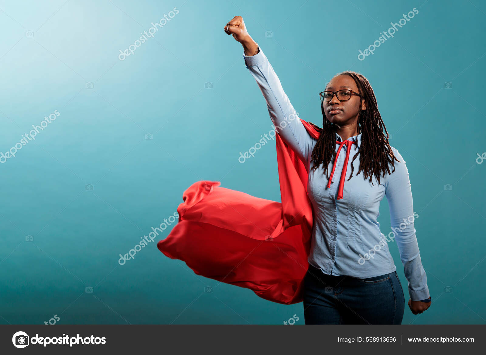 Mighty and brave african american superhero woman posing as justice ...