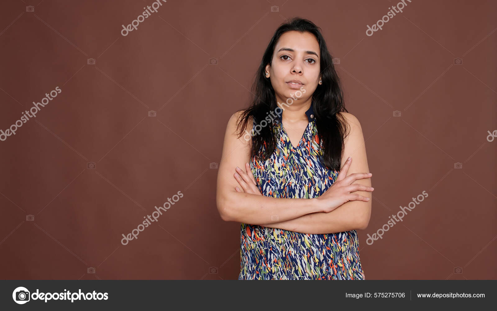 Portrait Female Model Standing Arms Crossed Studio Posing Front Camera ...