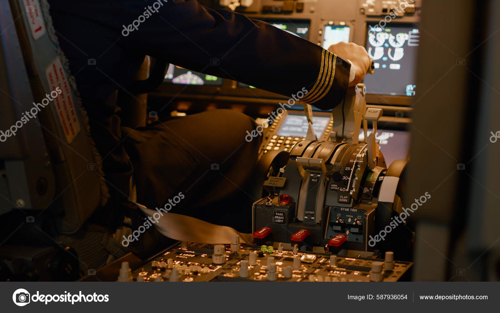 Aviation Crew Flying Airplane Engine Lever Throttle Using Dashboard ...