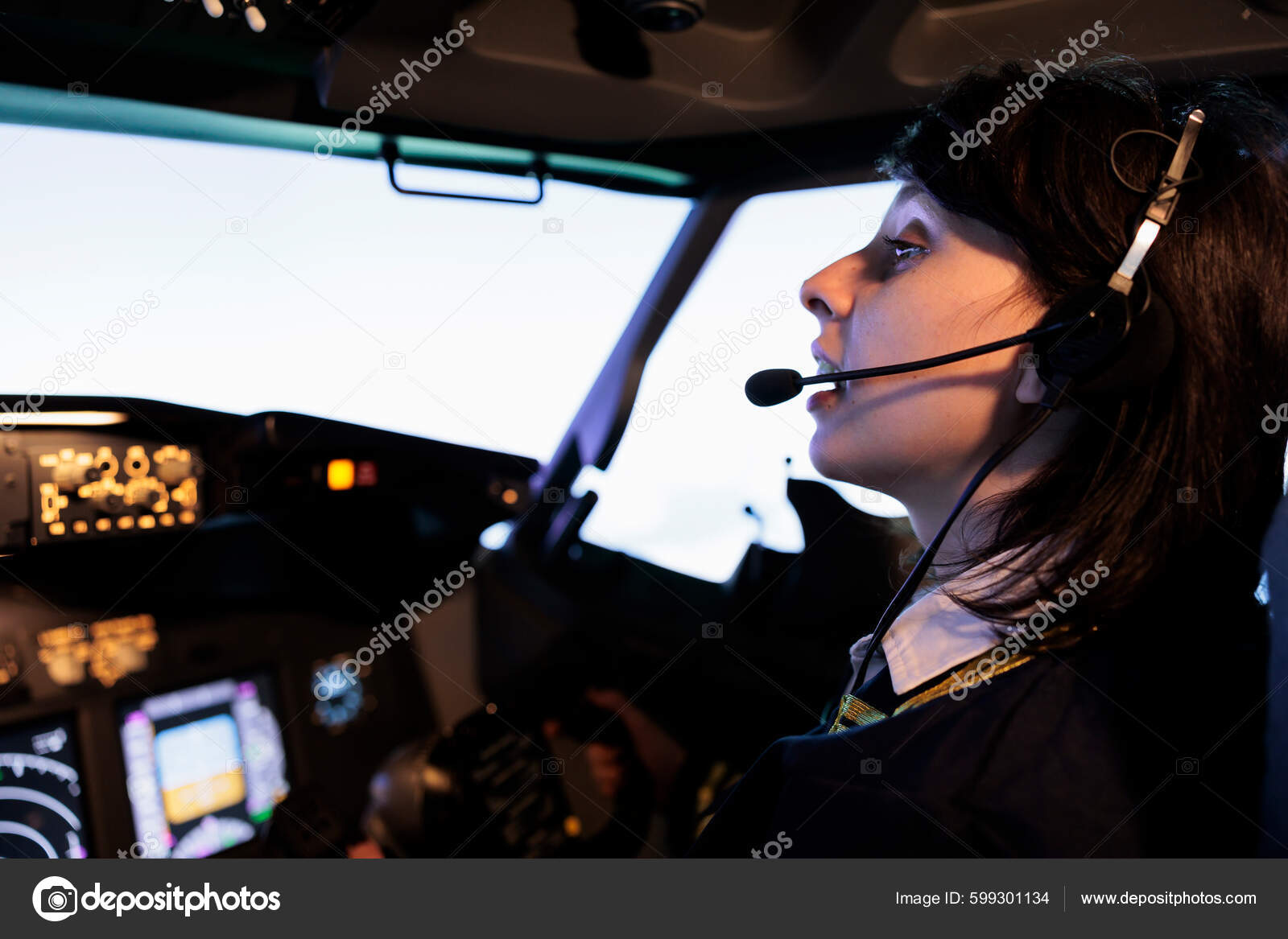 Female Copilot Flying Plane Cockpit Dashboard Command Control Panel ...