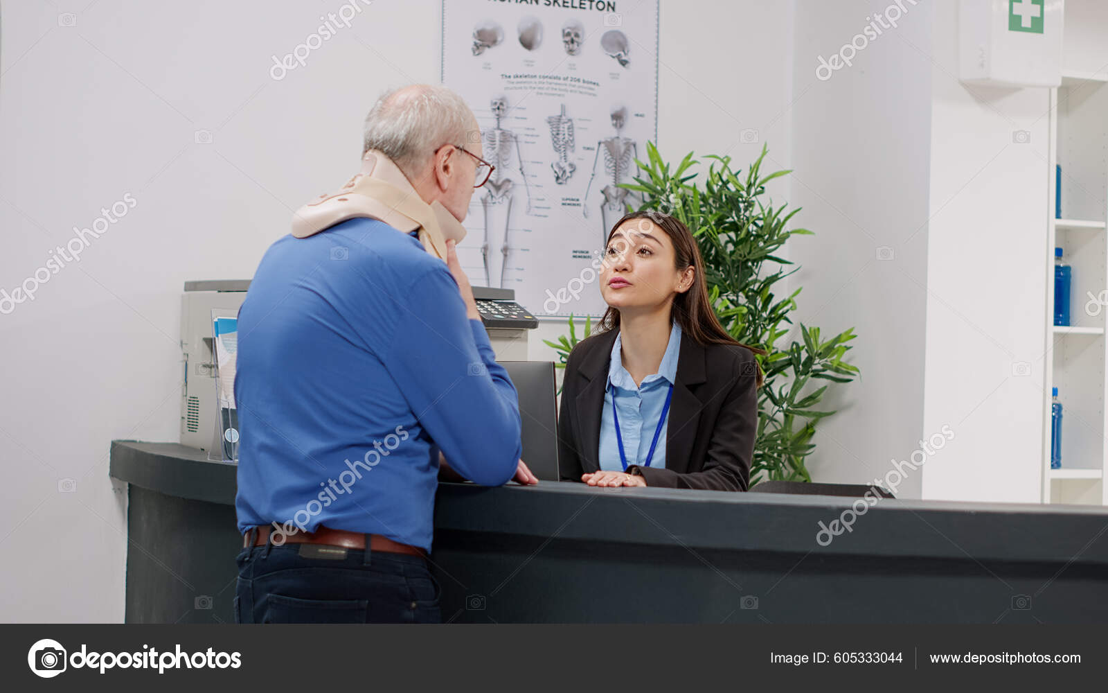 Receptionist Doctor Helping Old Patient Cervical Neck Collar Hospital ...