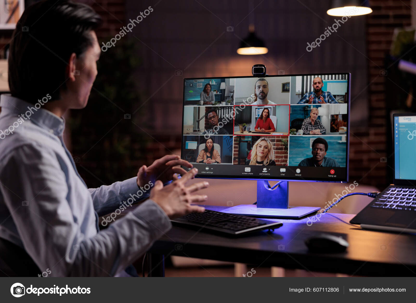 Office Worker Using Videocall Conference Meet Business People Webcam ...