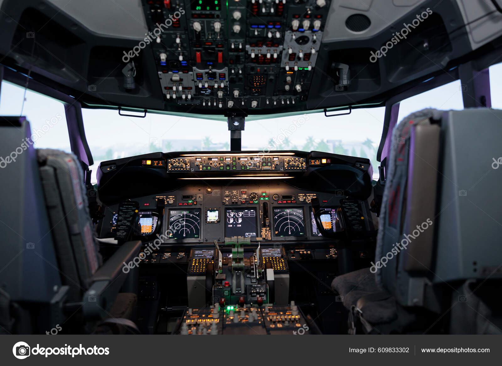 Nobody Empty Airplane Cockpit Dashboard Command Power Buttons Switch ...