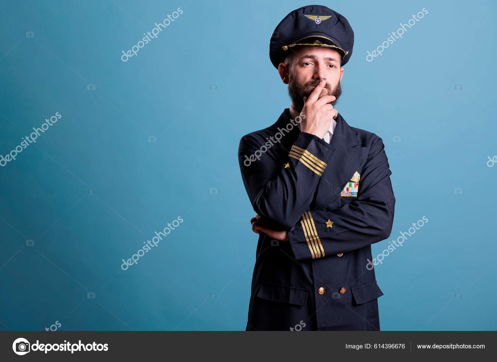 Pensive Confused Airline Pilot Uniform Questioning Making Decision ...