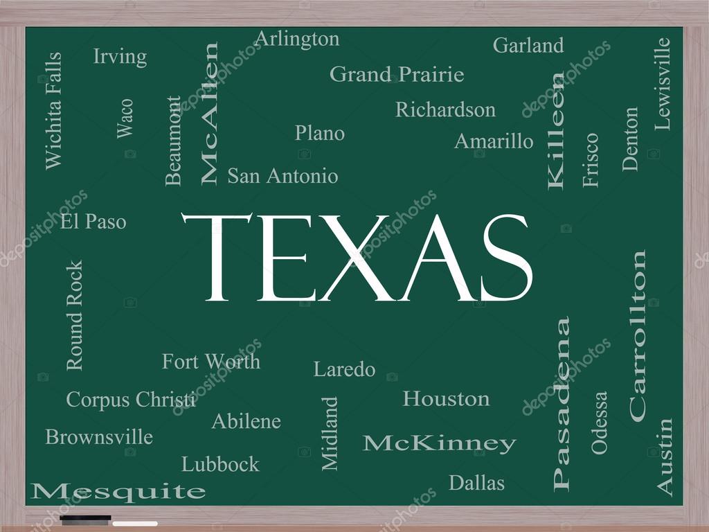 Concepto de Nube de Palabras del Estado de Texas en una pizarra — Foto ...