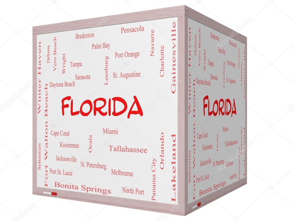 Florida State Word Cloud Concept on a 3D cube Whiteboard — Stock Photo ...