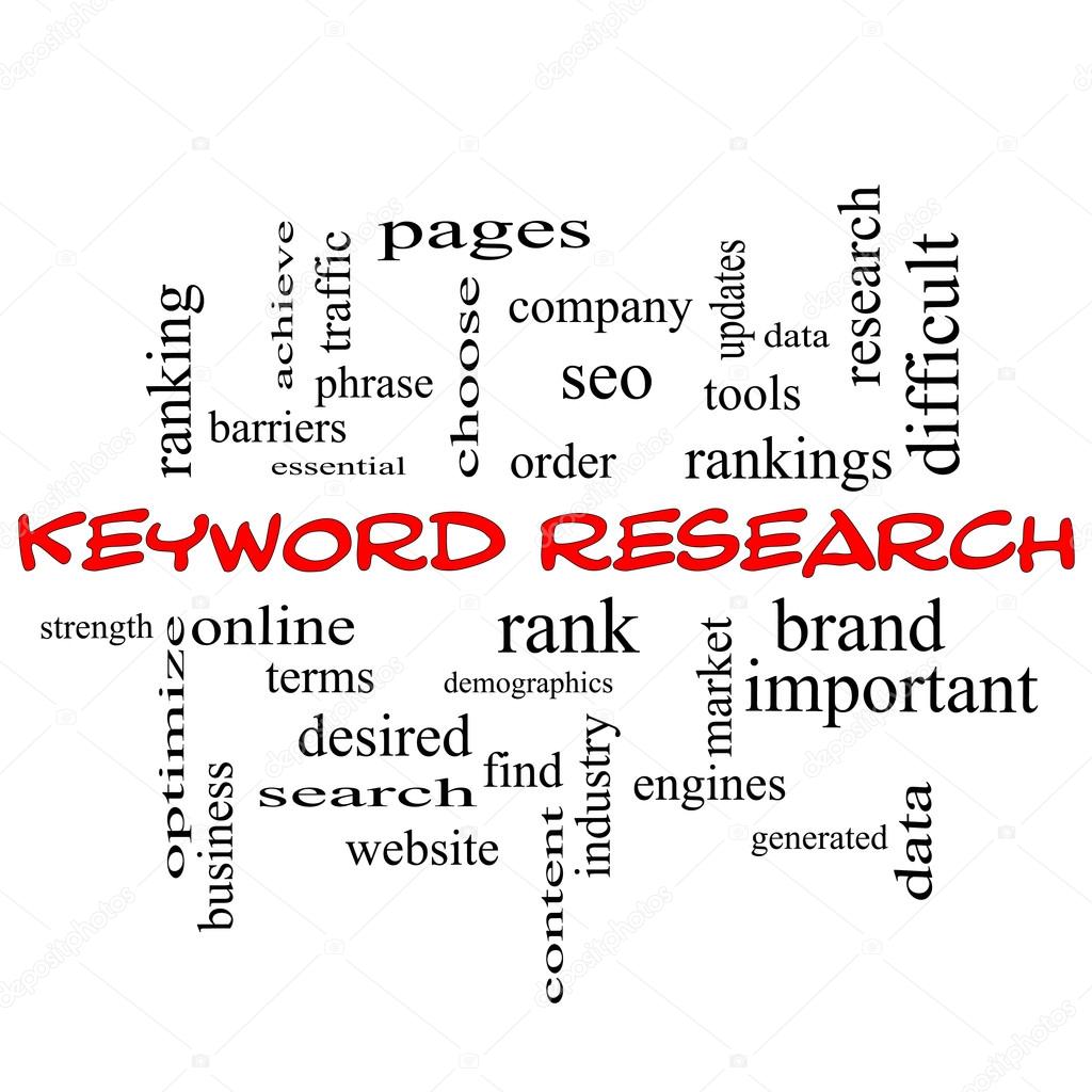 Keyword Research Word Cloud Concept in red caps — Stock Photo ...