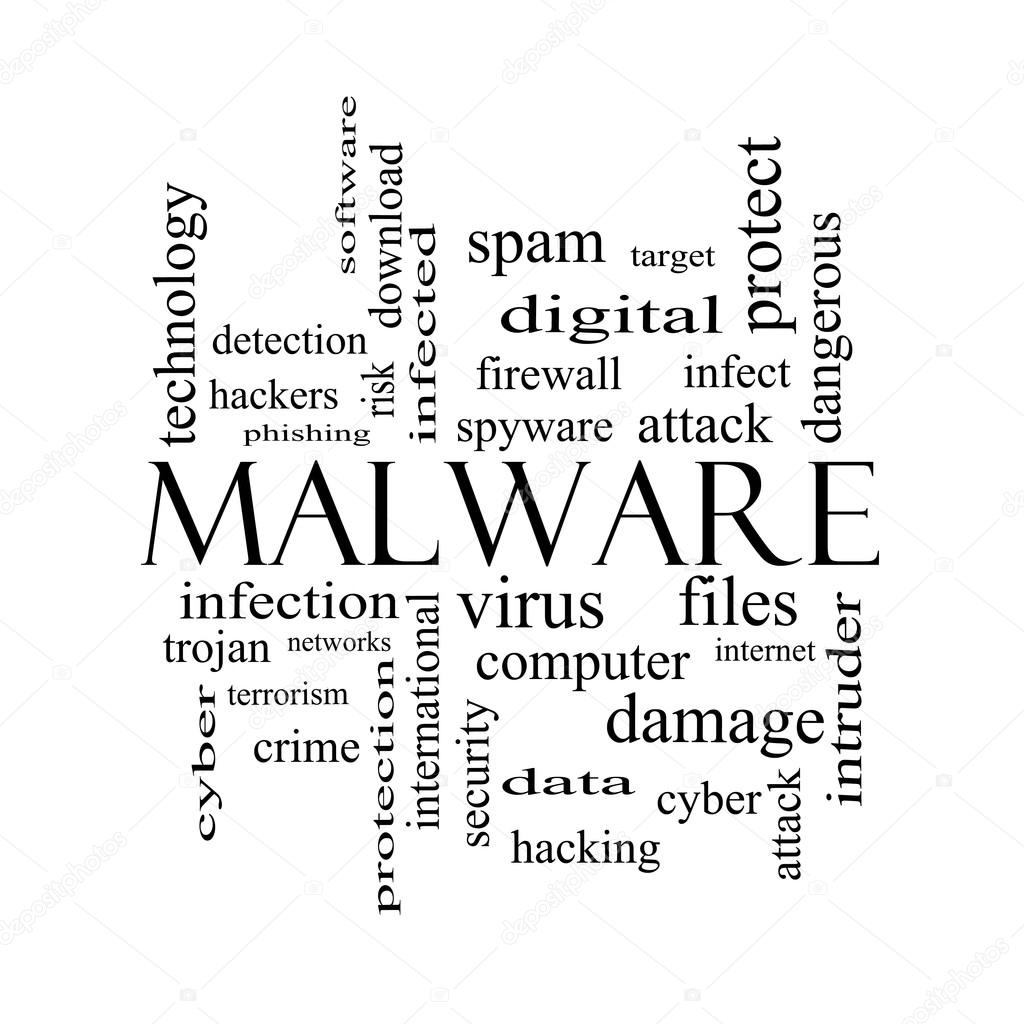 Malware Word Cloud Concept in black and white — Stock Photo ...