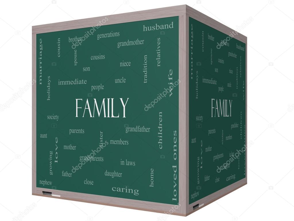 Family Word Cloud Concept on a 3D cube Blackboard — Stock Photo ...