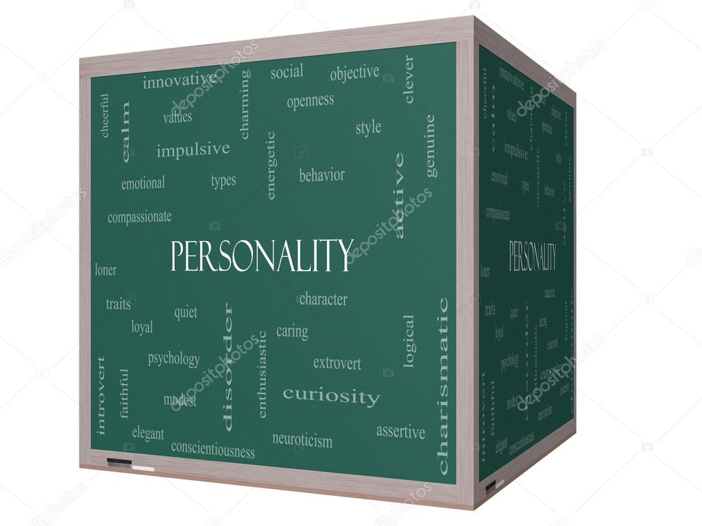Personality Word Cloud Concept on a 3D cube Blackboard — Stock Photo ...