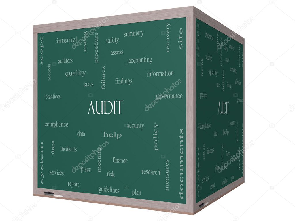 Audit Word Cloud Concept on a 3D cube Blackboard — Stock Photo ...
