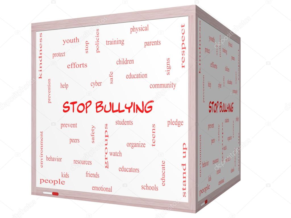 Stop Bullying Word Cloud Concept on a 3D cube Whiteboard Stock Photo by ...
