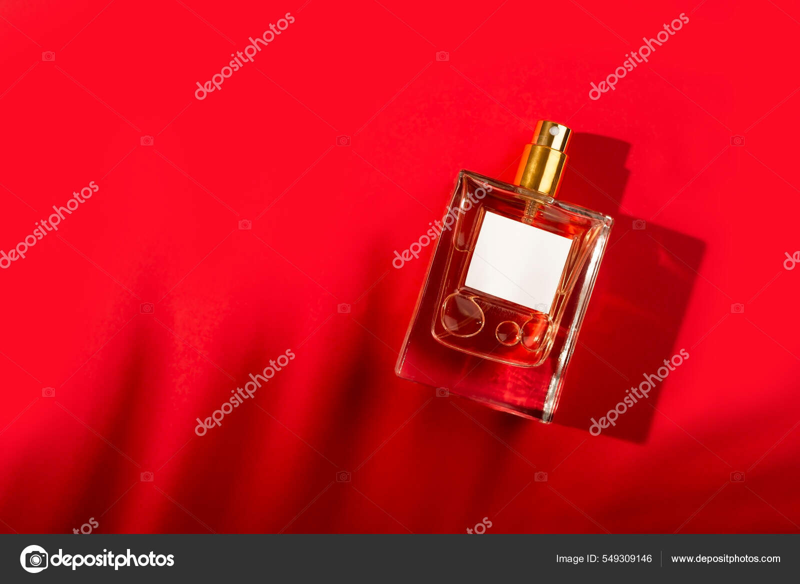 Transparent Bottle Perfume Label Red Background Fragrance Presentation ...