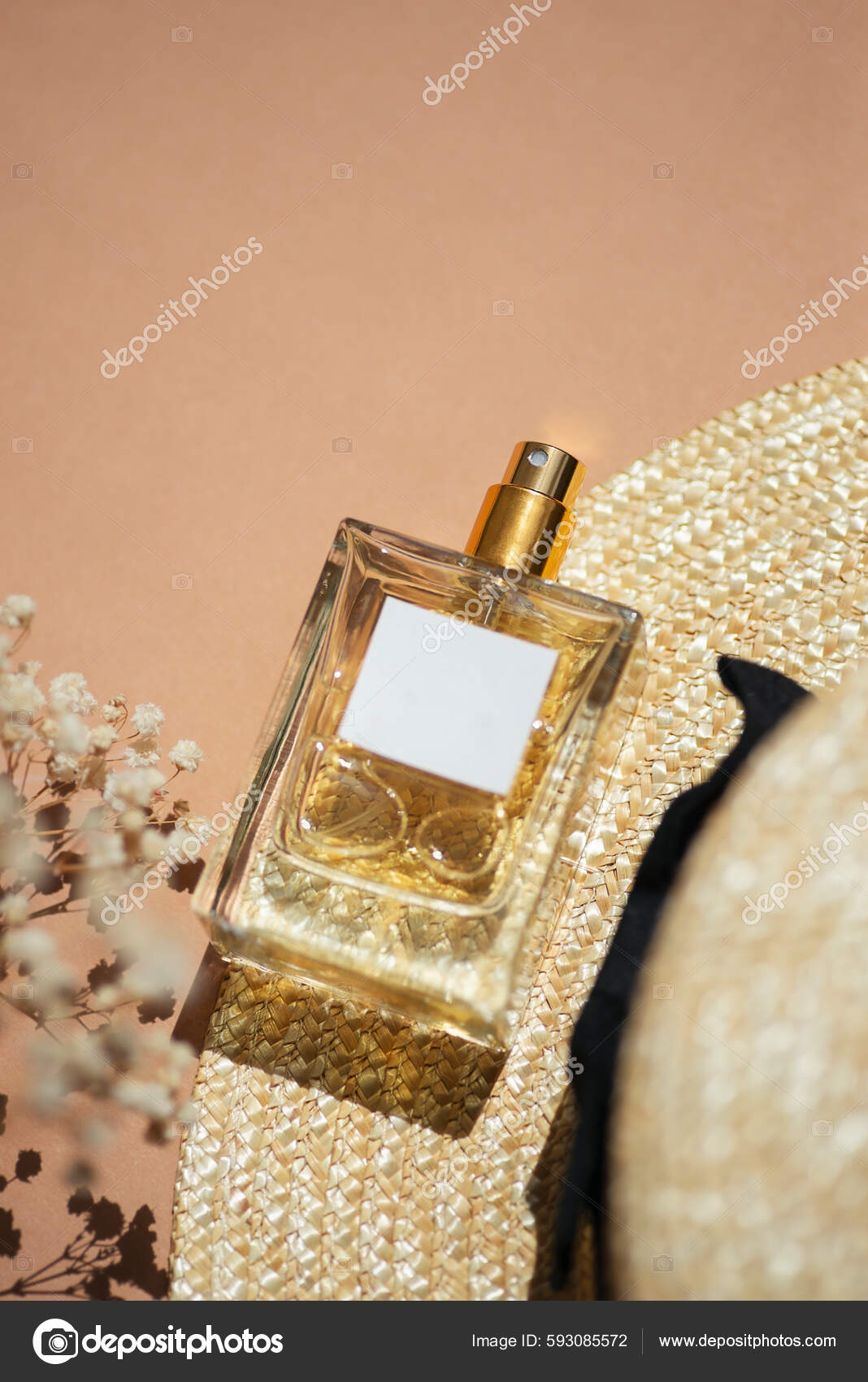 Transparent Bottle Perfume Label Cloth Shopping Bag Sun Hat Beige Stock ...