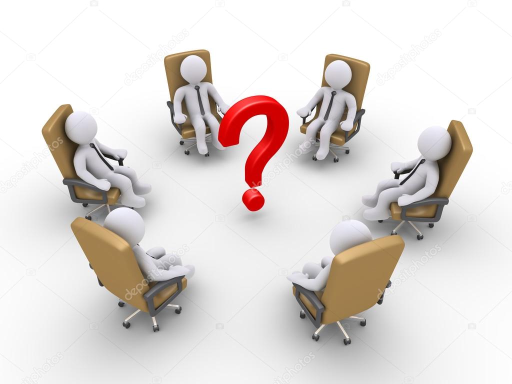 Businessmen sitting on chairs and a question mark — Stock Photo ...