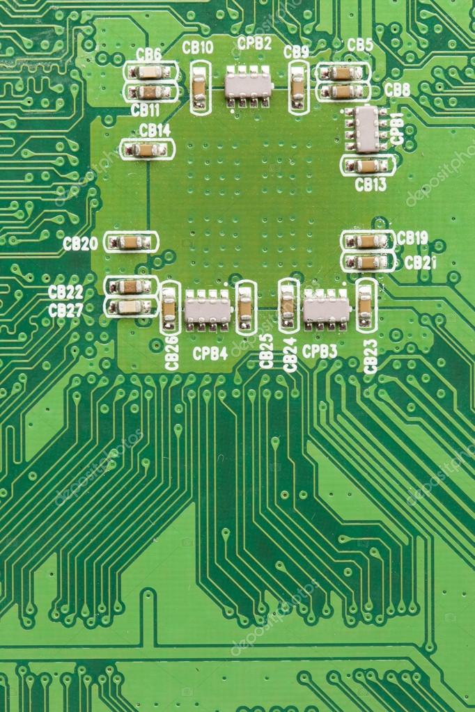 Green Electrical Circuit Board with microchips and transistors Stock ...