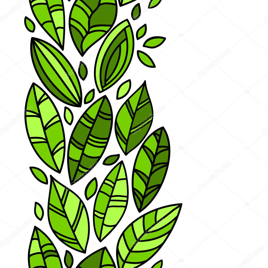 Green fresh doodle leaves vertical border on white seamless pattern ...