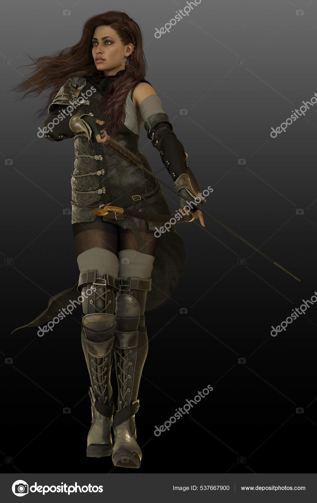 Fantasy Female Archer Ranger Leather Armor Long Hair Stock Photo by ...
