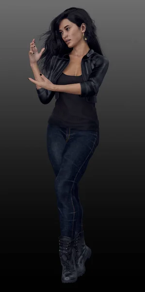 Urban Fantasy Woman Jeans Leather Jacket Long Black Hair — Stock Photo ...