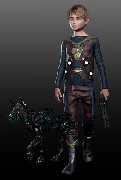 Joven chico rubio en traje de ciencia ficci n con perro robot, ni o, ni os 2024