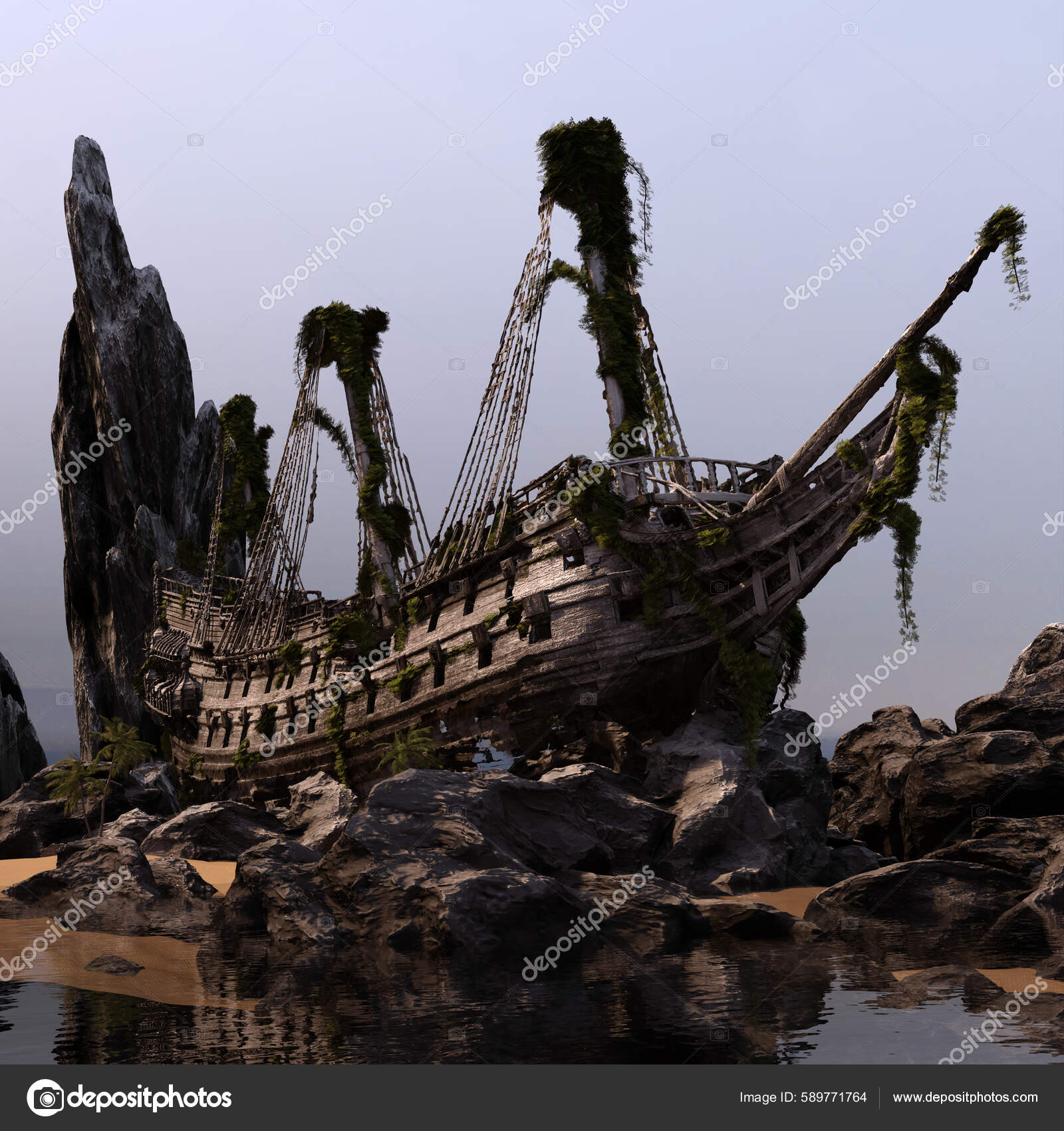 Cgi Wrecked Pirate Ship Beached Sailing Ship Ancient Ocean Wreck ...