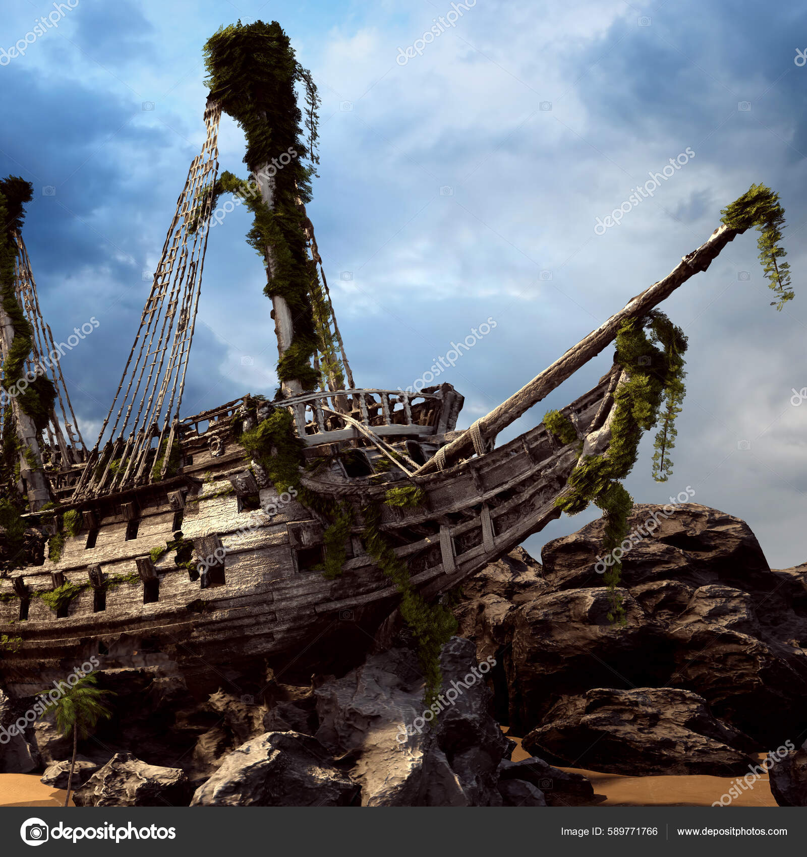 Cgi Wrecked Pirate Ship Beached Sailing Ship Ancient Ocean Wreck — Foto ...