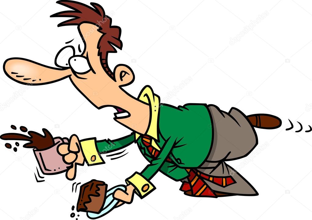 Hombre de dibujos animados tropezando con café y pastel 2022